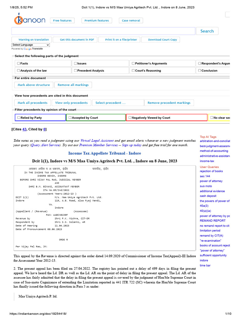 Dcit 1 (1), Indore Vs M - S Maa Umiya Agritech Pvt. LTD., Indore On 8 June, 2023 | PDF | Audit ...