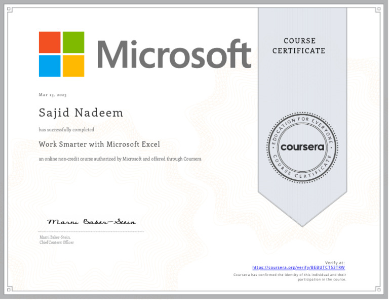 Work Smarter with Microsoft Excel Course Completion | PDF