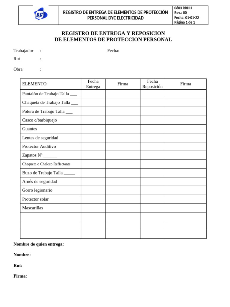 Registro Entrega EPP. Actualizado | PDF