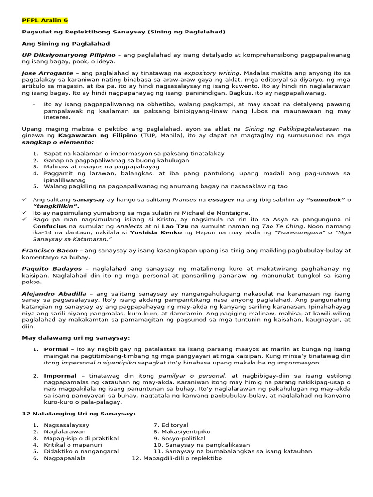 Aralin-6-PFPL-REPLEKTIBONG-SANAYSAY (1) | PDF