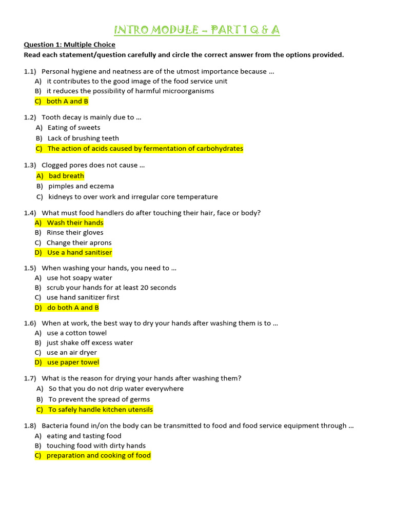 Intro Part 1 QUESTIONS | PDF | Hand Washing | Hygiene