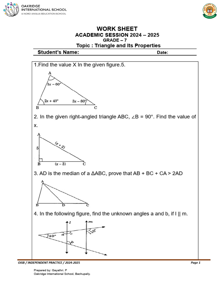 Triangle Properties Worksheet for Grade 7 | PDF | Triangle | Angle