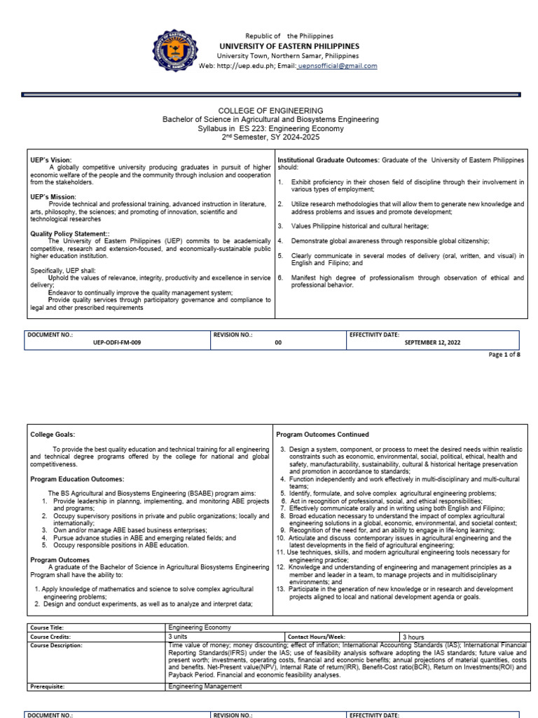 Engineering Economy Syllabus UEP | PDF | Net Present Value | Internal ...