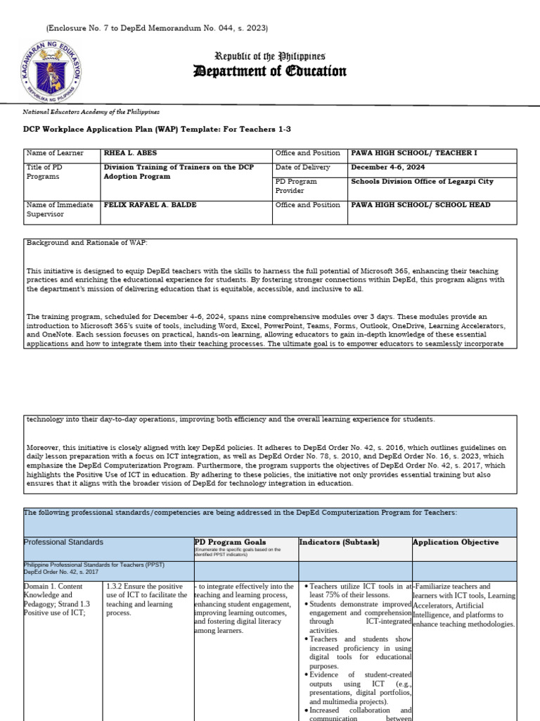 ABES - Workplace Application Plan (WAP) - DCP For Teachers I-III | PDF | Educational Technology ...