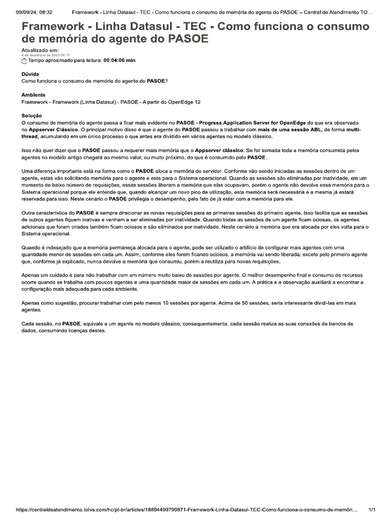 Framework - Linha Datasul - TEC - Como funciona o consumo de memória do agente do PASOE | PDF
