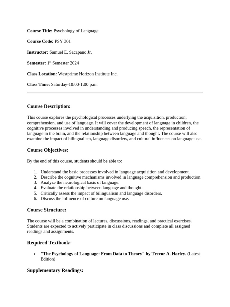 Psychology of Language Syllabus | PDF | Psycholinguistics | Speech