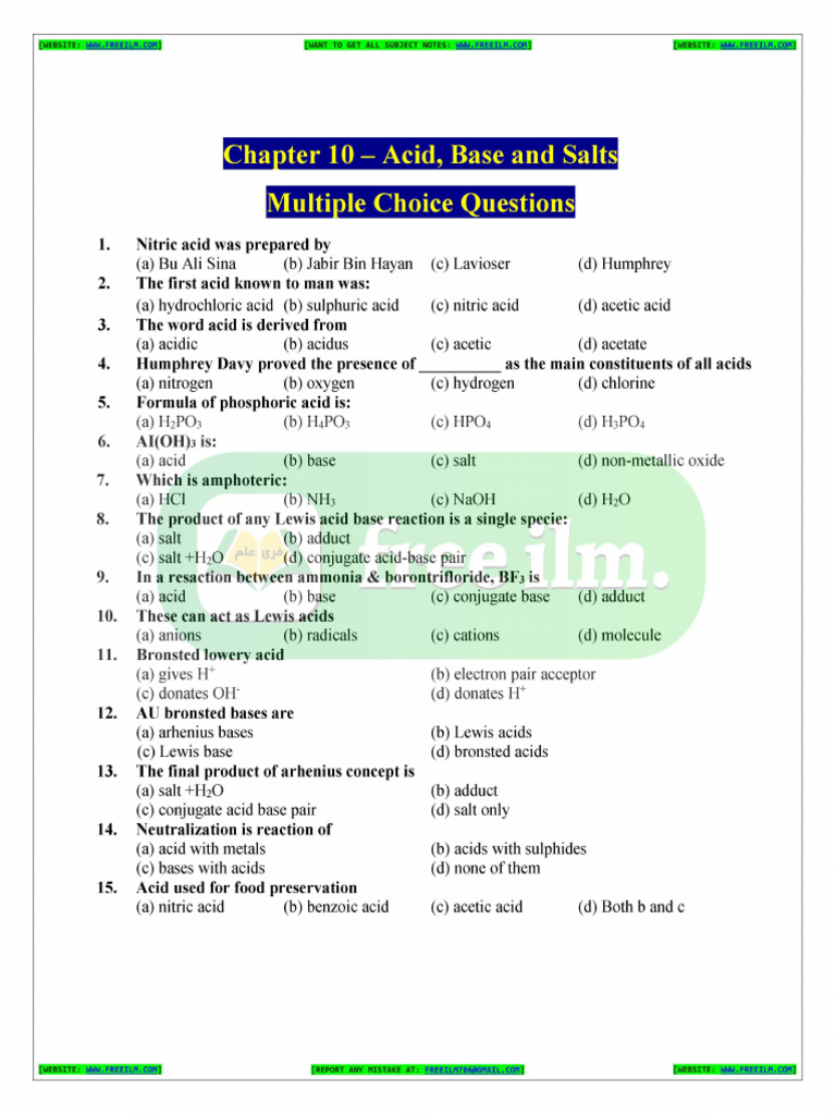 10th Chemistry CH 10 MCQ's | PDF