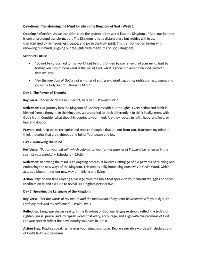 Devotional Week 1 | PDF | Kingship And Kingdom Of God | Righteousness