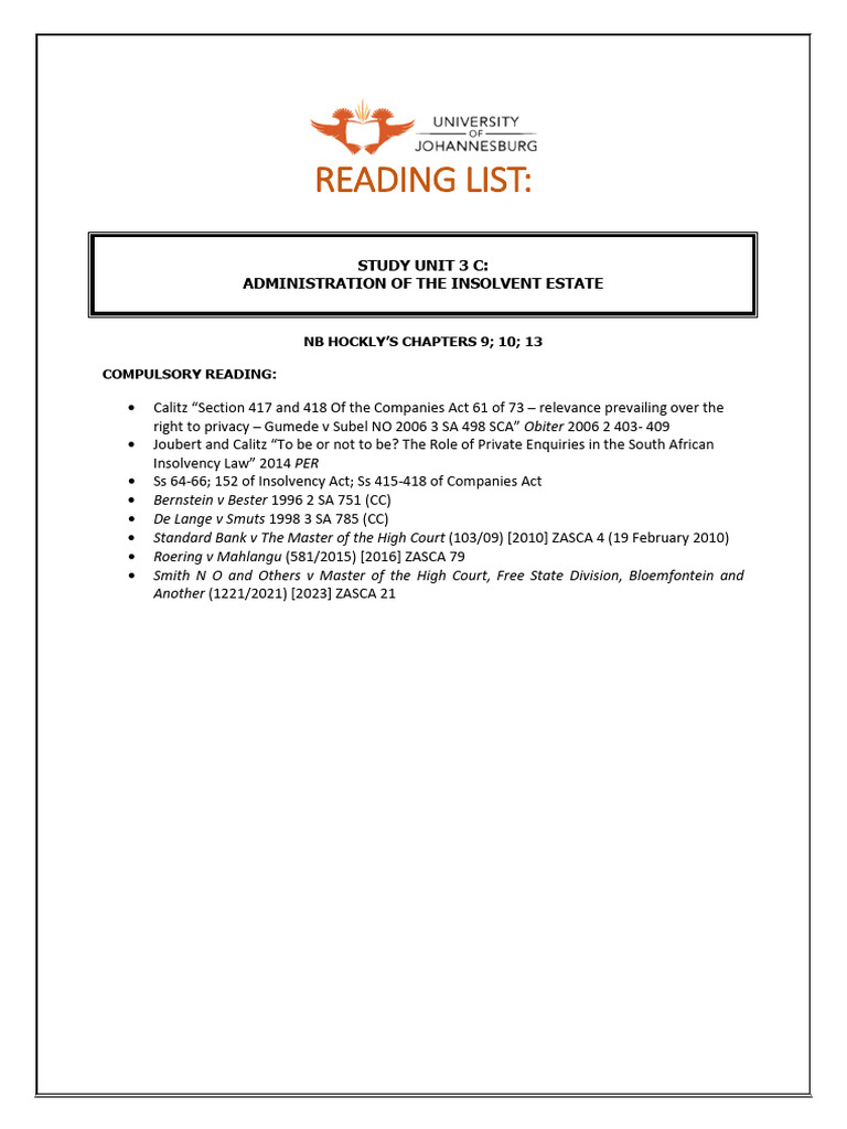 Insolvent Estate Administration Reading List | PDF