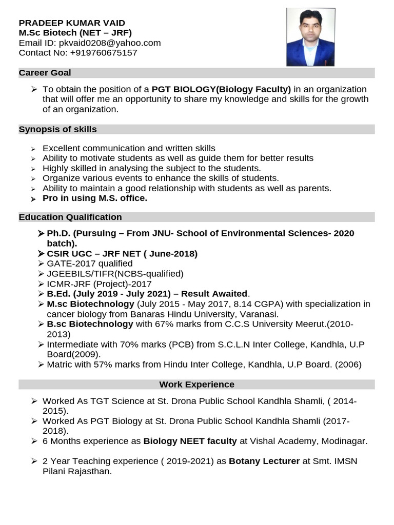 PGT Biology Faculty Resume - Pradeep Vaid | PDF