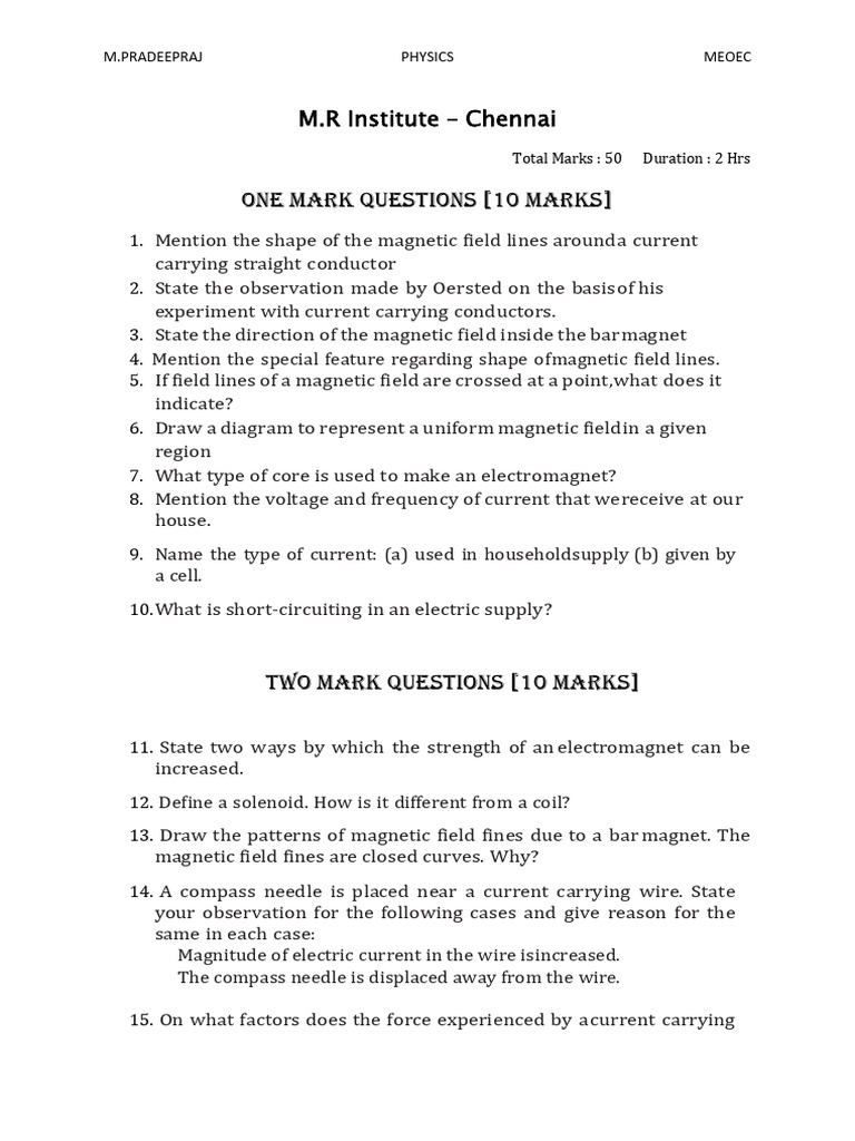 MEOEC Physics Exam Questions | PDF | Magnetic Field | Magnetism