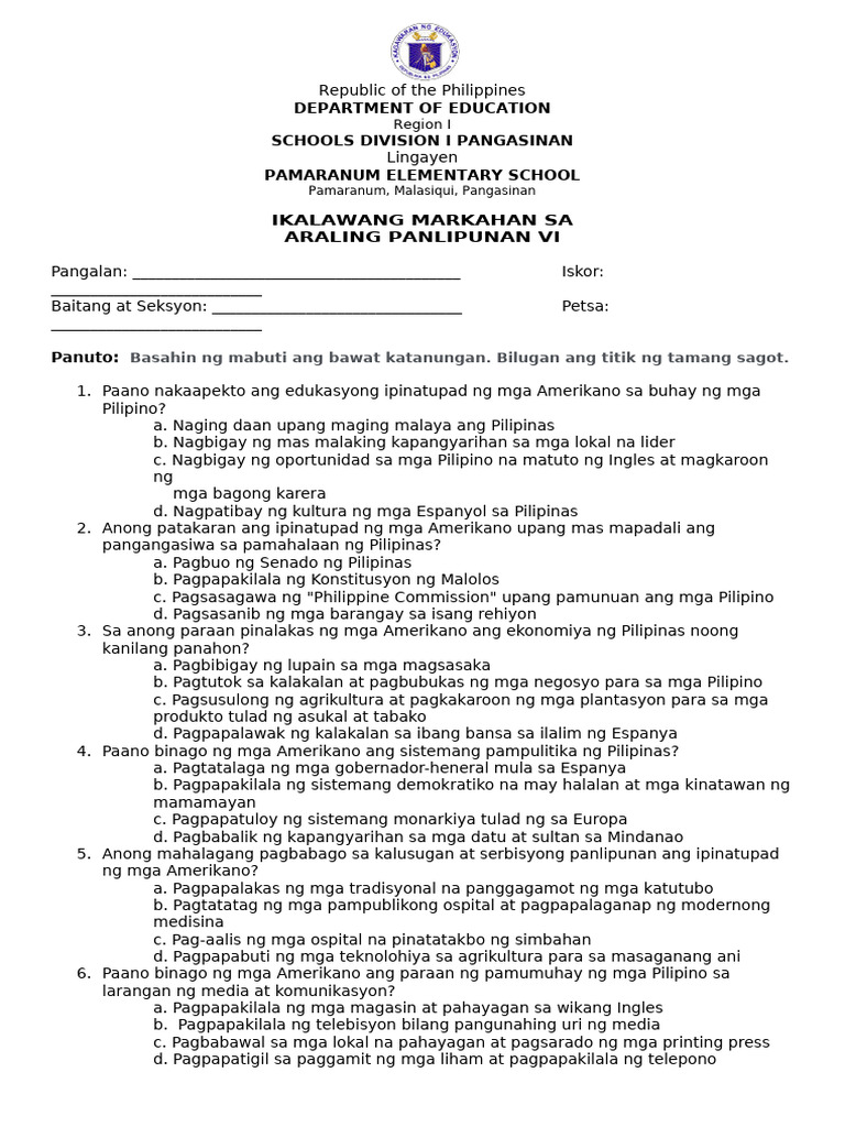 q2 g6 Exam Arpan | PDF