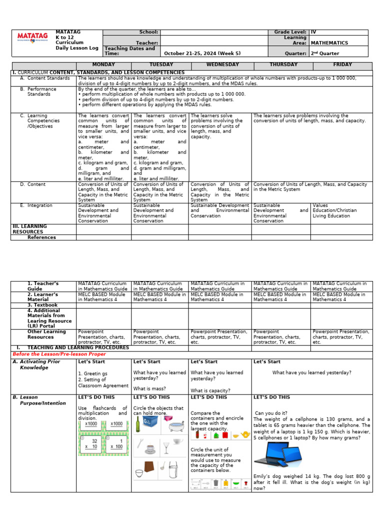 Matatag DLL Week 5 Math g4 q2 | PDF | Kilogram | Litre