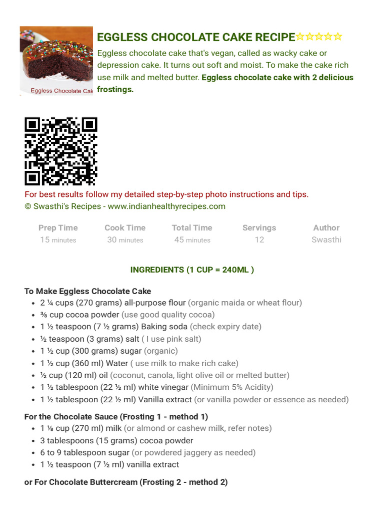 Eggless Chocolate Cake Recipe - Swasthi's Recipes | PDF | Cakes | Chocolate