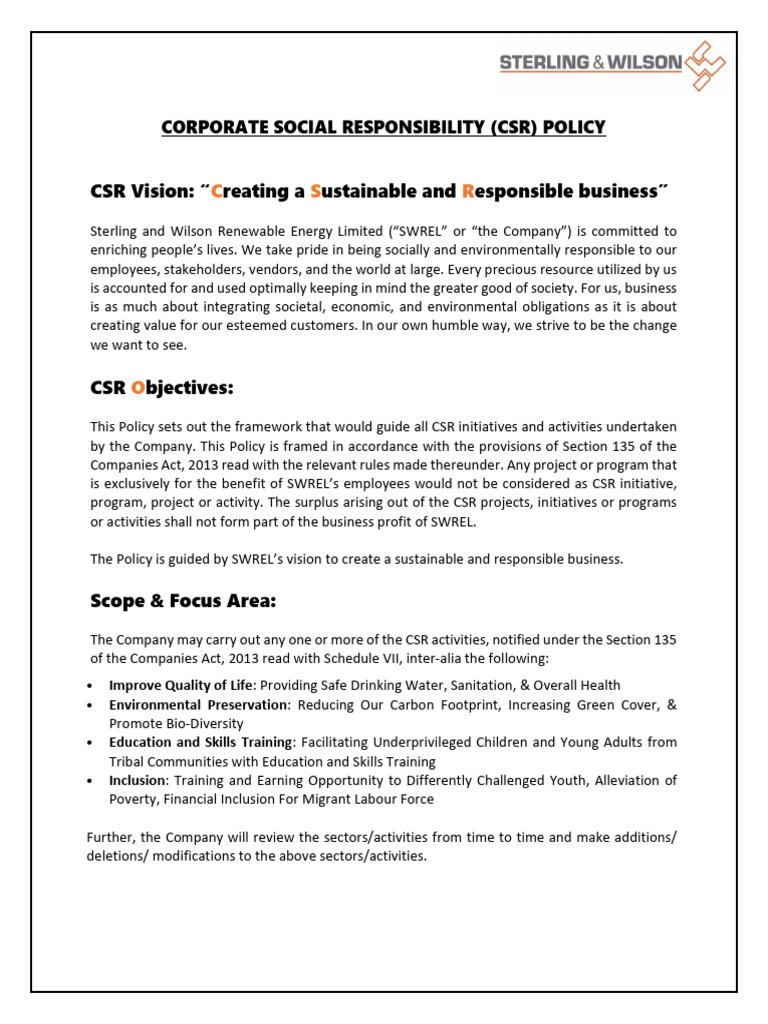 Corporate Social Responsibility Policy | PDF | Corporate Social ...