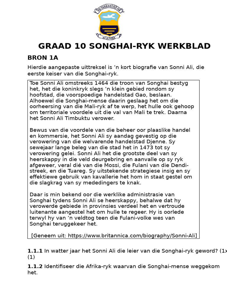 Songhai Worksheet (AFR) | PDF