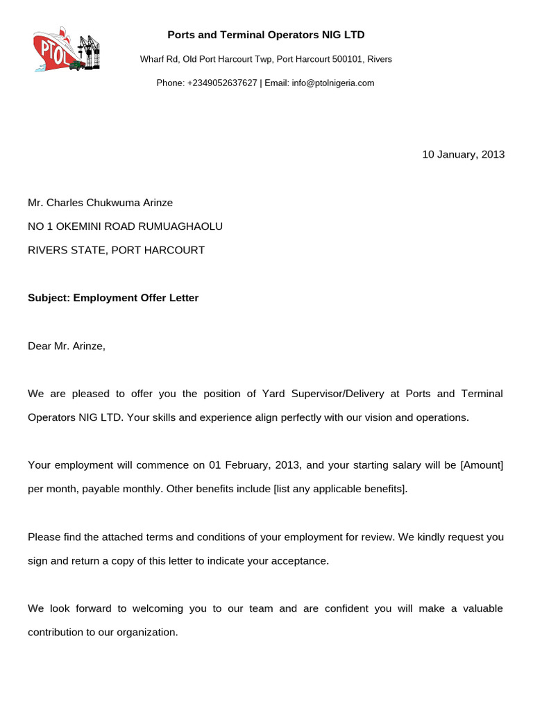 Employment Offer Letter Ports Terminal Final | PDF