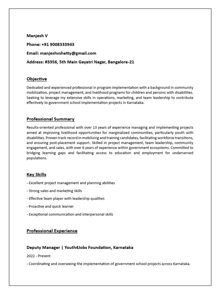 Resume - Manjesh Shetty | PDF | Project Management | Leadership
