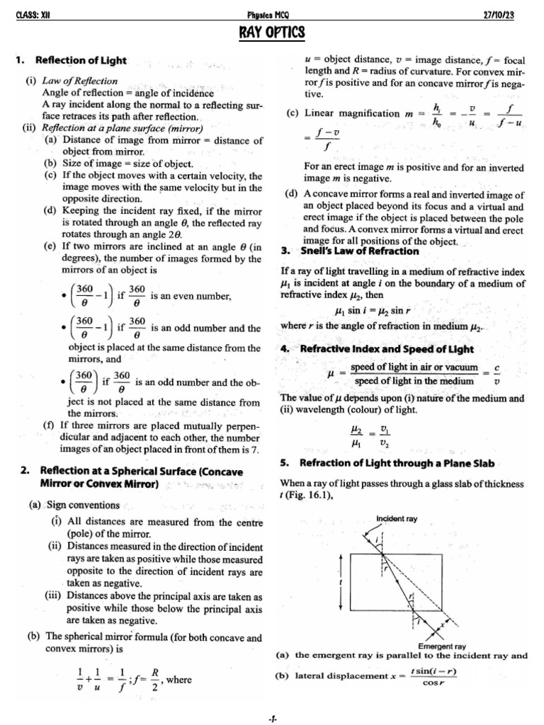 Ray Optics (Scan) (+2 Phy Synopsis, MCQ) (4-10-13) | PDF