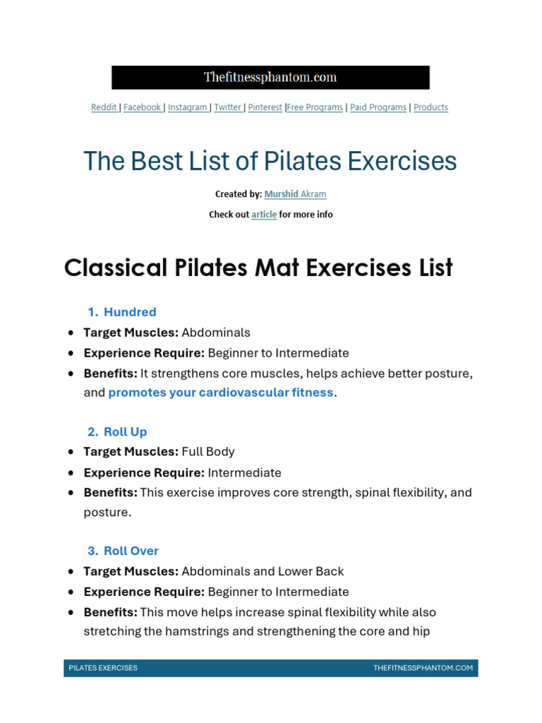 Comprehensive Pilates Exercises List | PDF | Pilates | Flexibility ...