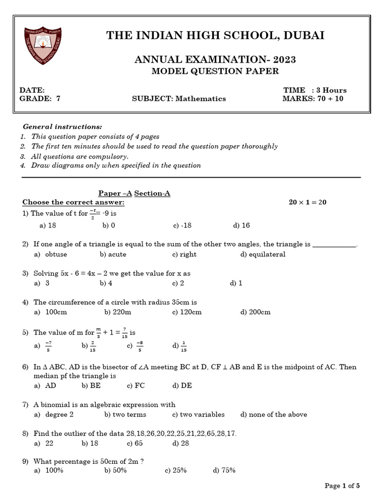 Annual Exam Model Qp-7-Math-2023 | PDF | Triangle | Area