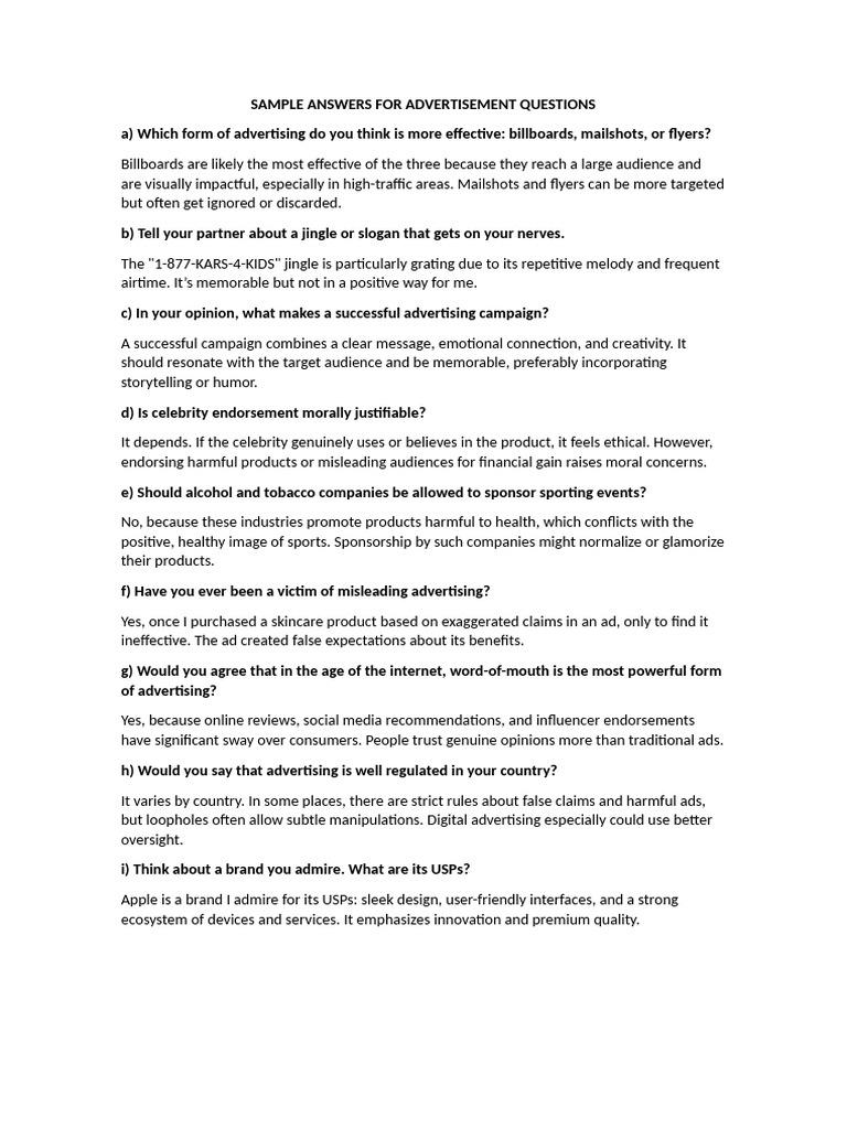 Sample Answers For Advertisement Questions | PDF