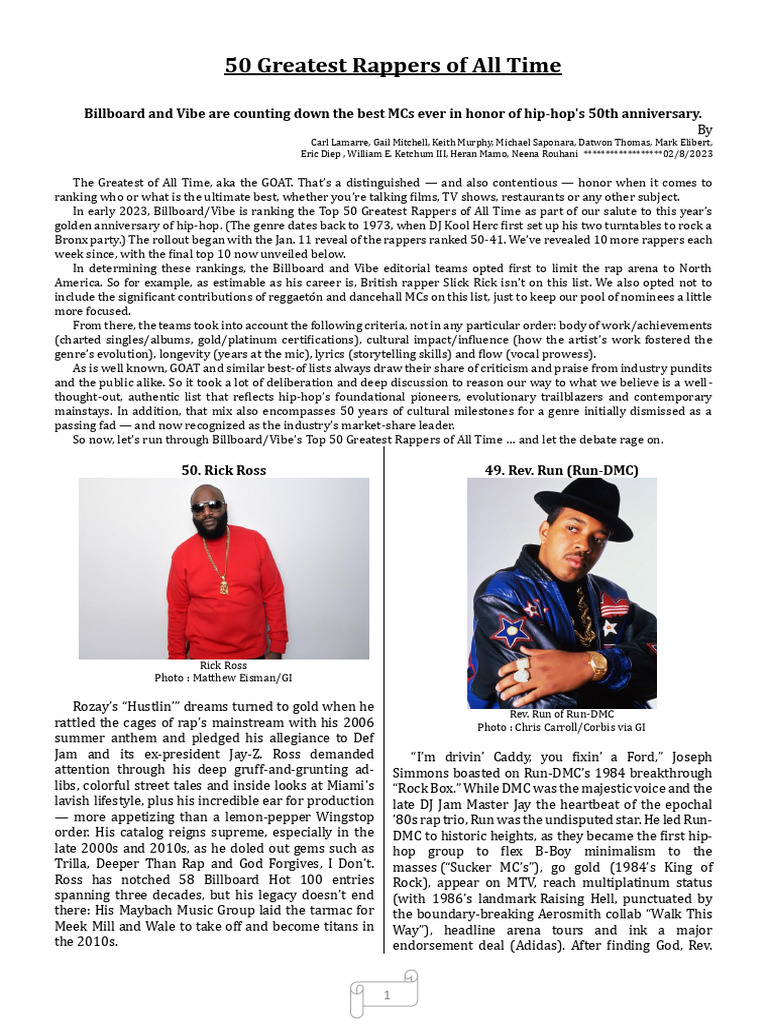 50 Greatest Rappers of All Time AA | PDF | Hip Hop Music | Rapping