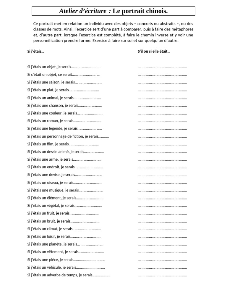 Atelier d'écriture : Portrait chinois et tautogramme | PDF