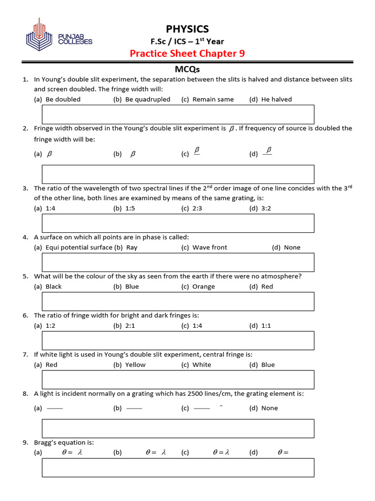 Physics Practice Sheet P-1-Ch.9jkk | PDF | Diffraction | Wavelength