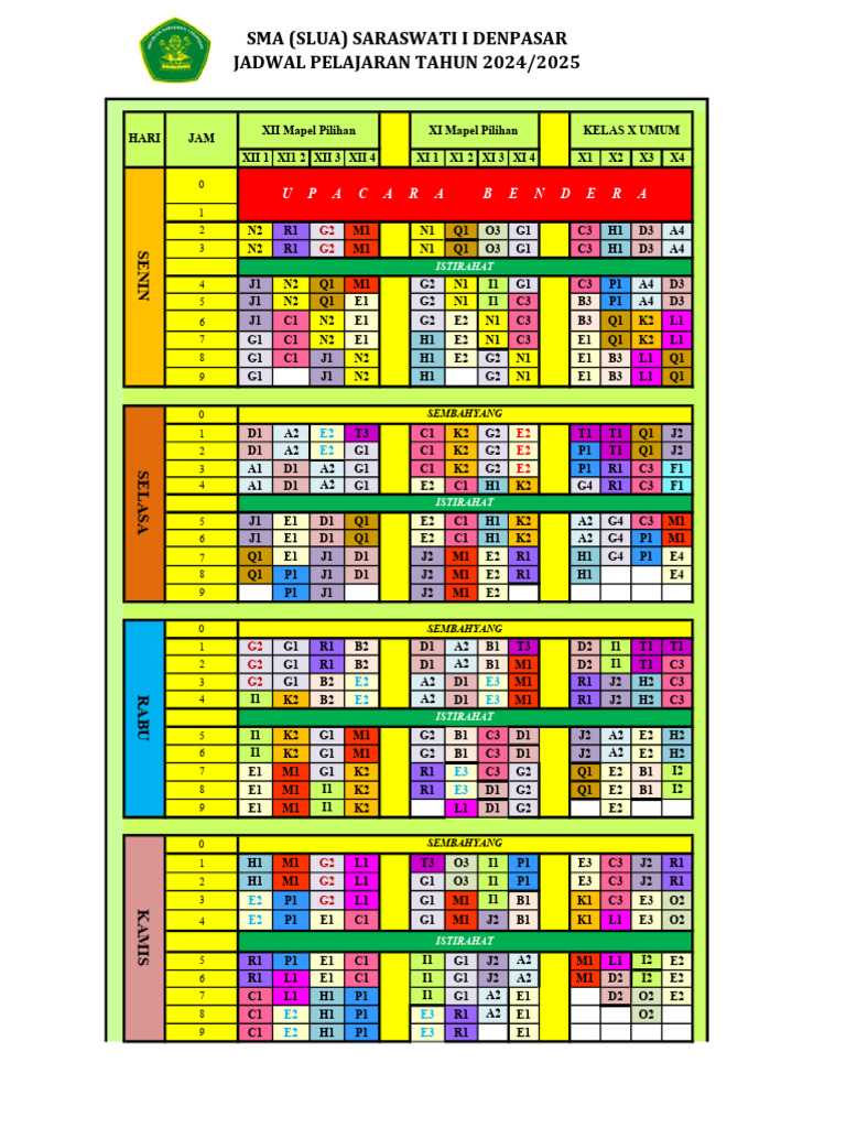 Jaadwal Pelajaran SMA (SLUA) Saraswati 1 Denpasar Tahun Ajaran 2024 ...