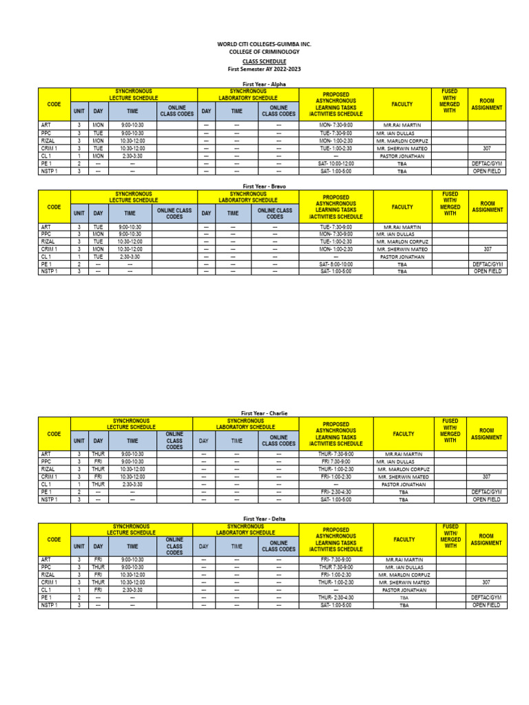 Updated Ccje Hybrid Sched. 1ST Sem.22 23 1 | PDF