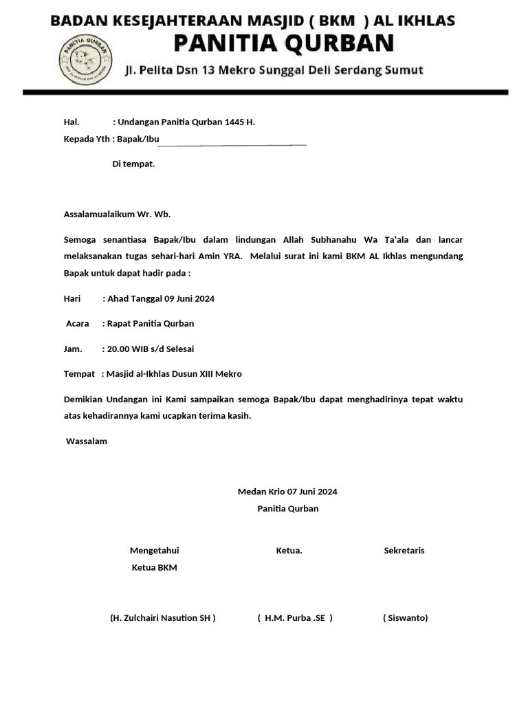 Undangan Peserta Qurban 1443 H | PDF