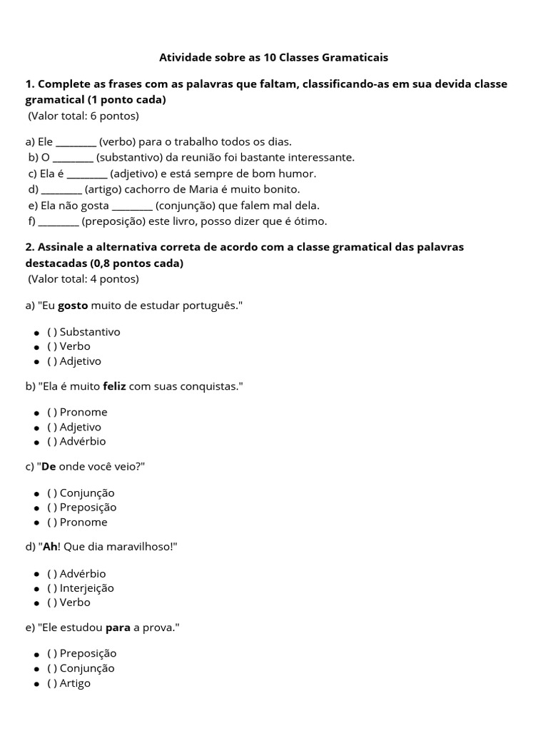 Atividade Sobre As 10 Classes Gramaticais | PDF | Classe gramatical ...