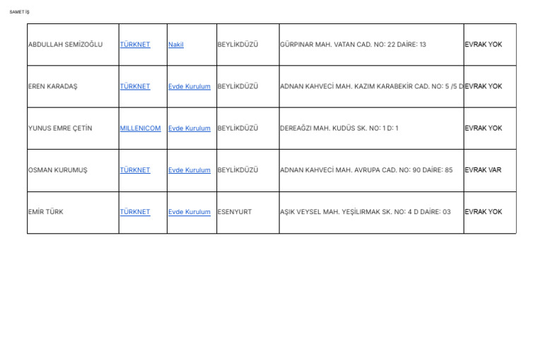 Samet İş - Sheet1 | PDF