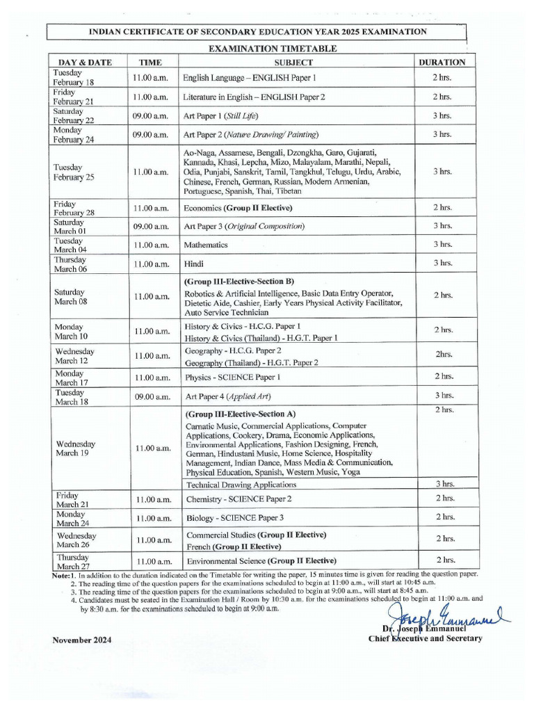 Timetable For STD 10 ICSE Year 2024-2025 Examination | PDF