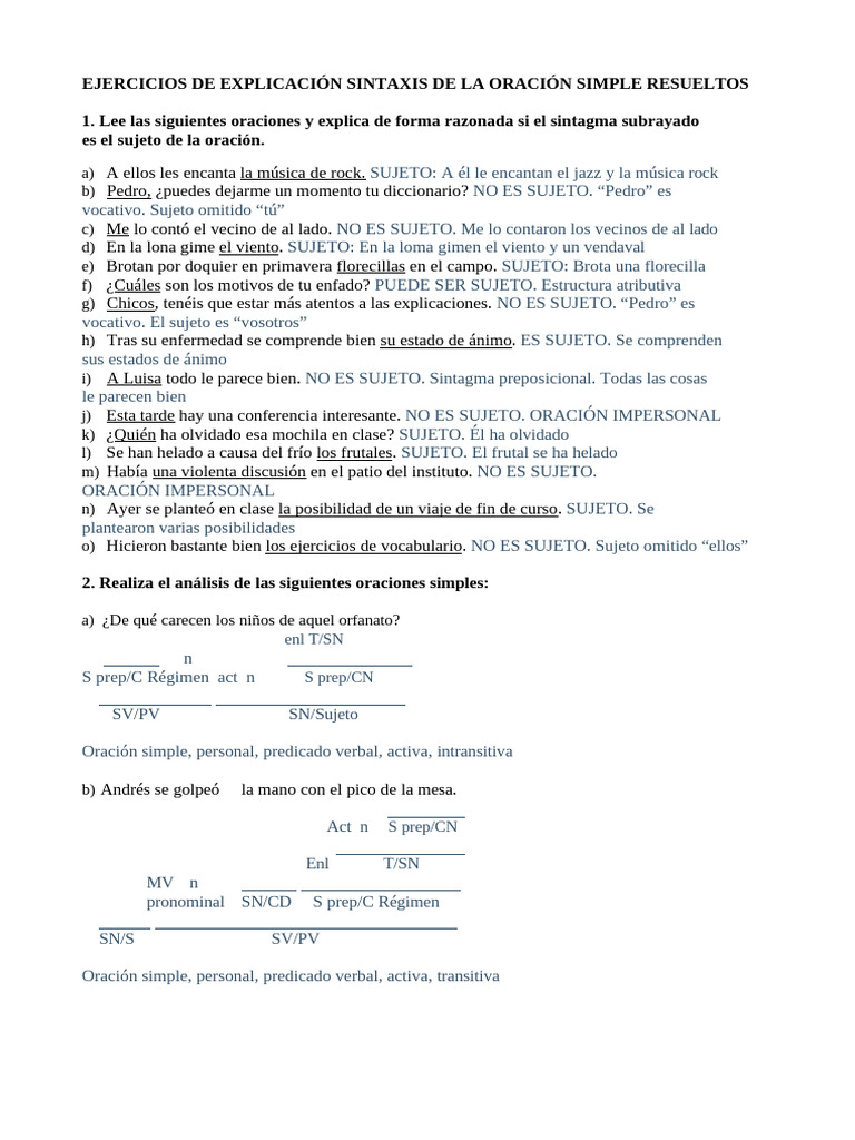 Ejercicios Explicación de La Oración Simple Resueltos | PDF | Asunto (gramática) | Objeto ...