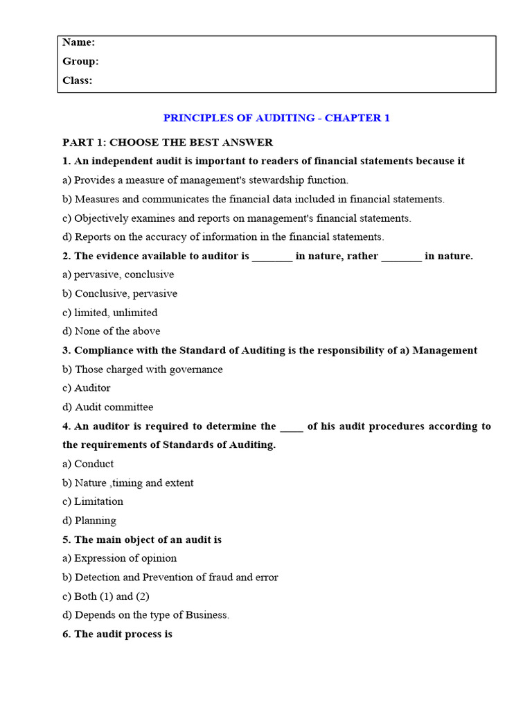 Principle of Auditing - Chapter 1. Review Q | PDF | Audit | Business