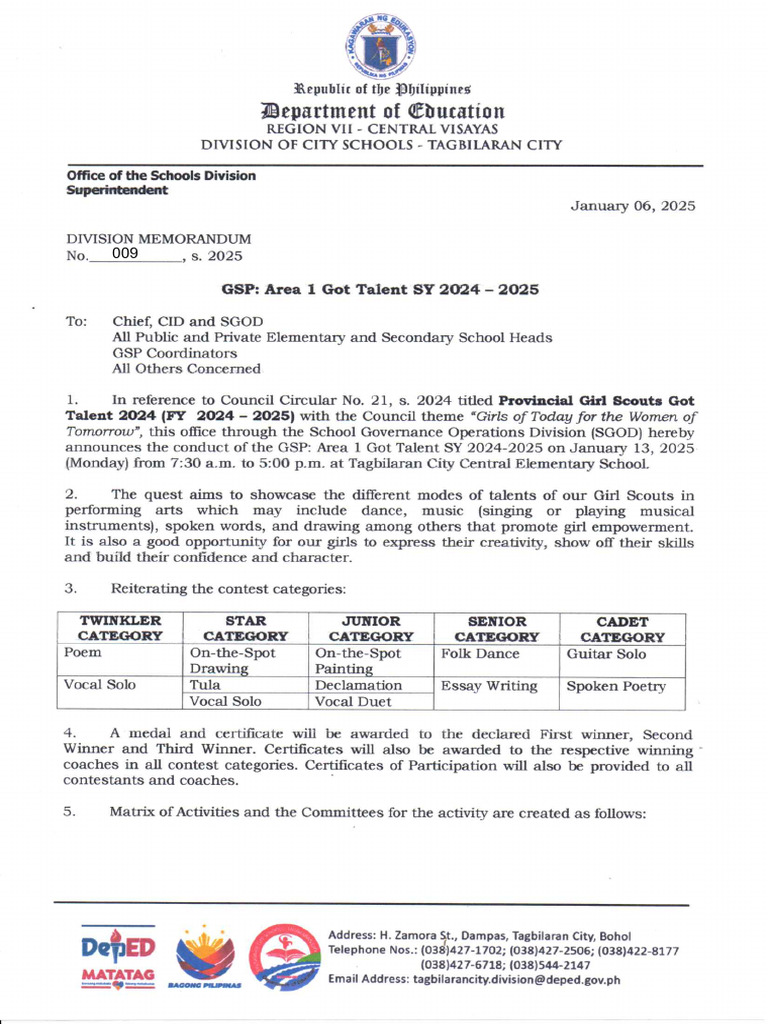 DM NO. 009 S. 2025 GSP AREA 1 GOT TALENT SY 2024 2025 | PDF