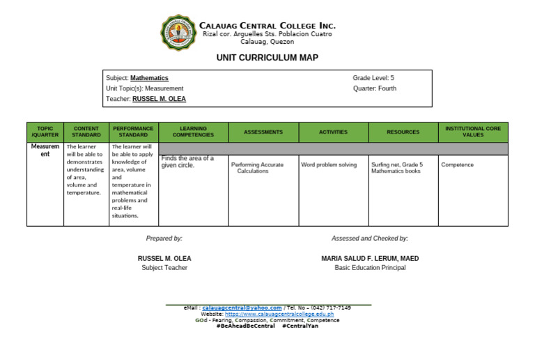 Sample Curriculum Map Grade 5 | PDF | Curriculum | Learning
