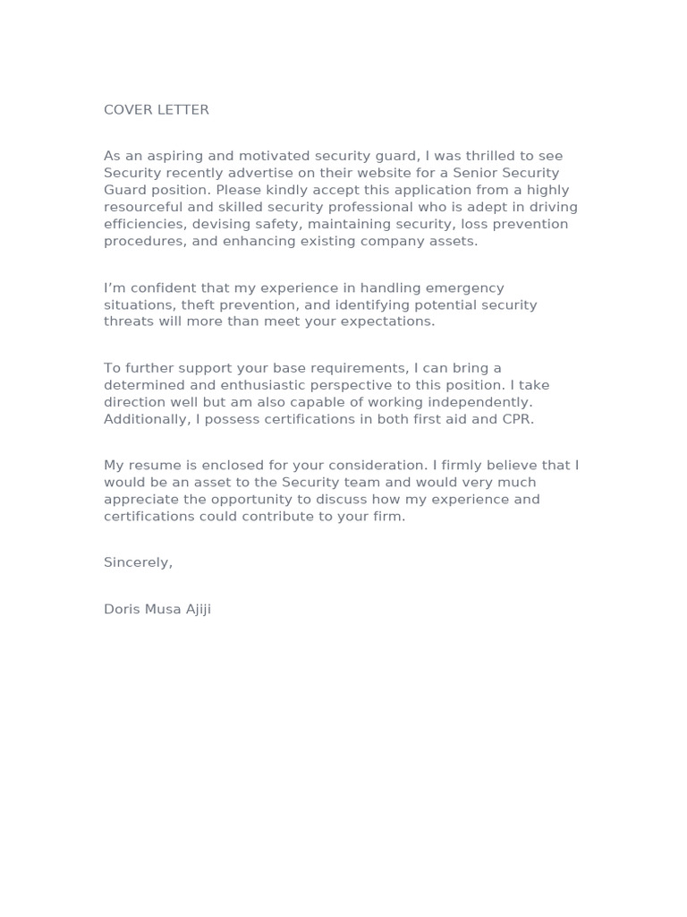Security Guard Cover Letter