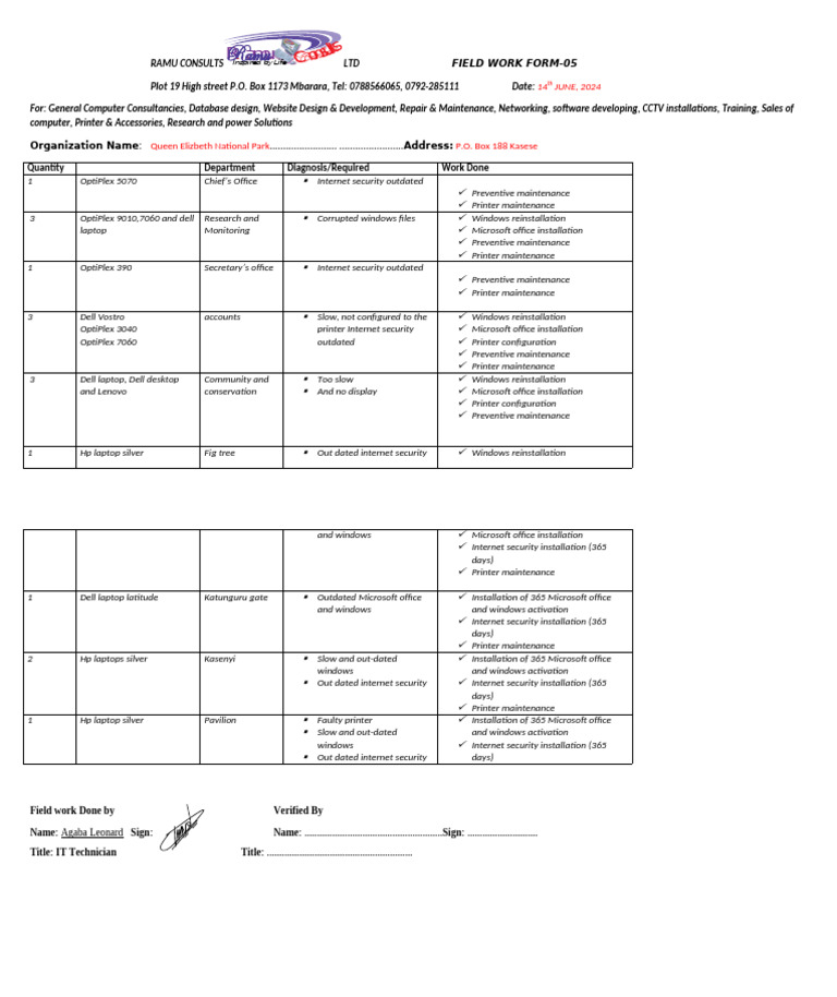Queen Field Work Form July 2024 1 Work To Be Done | PDF | Dell ...