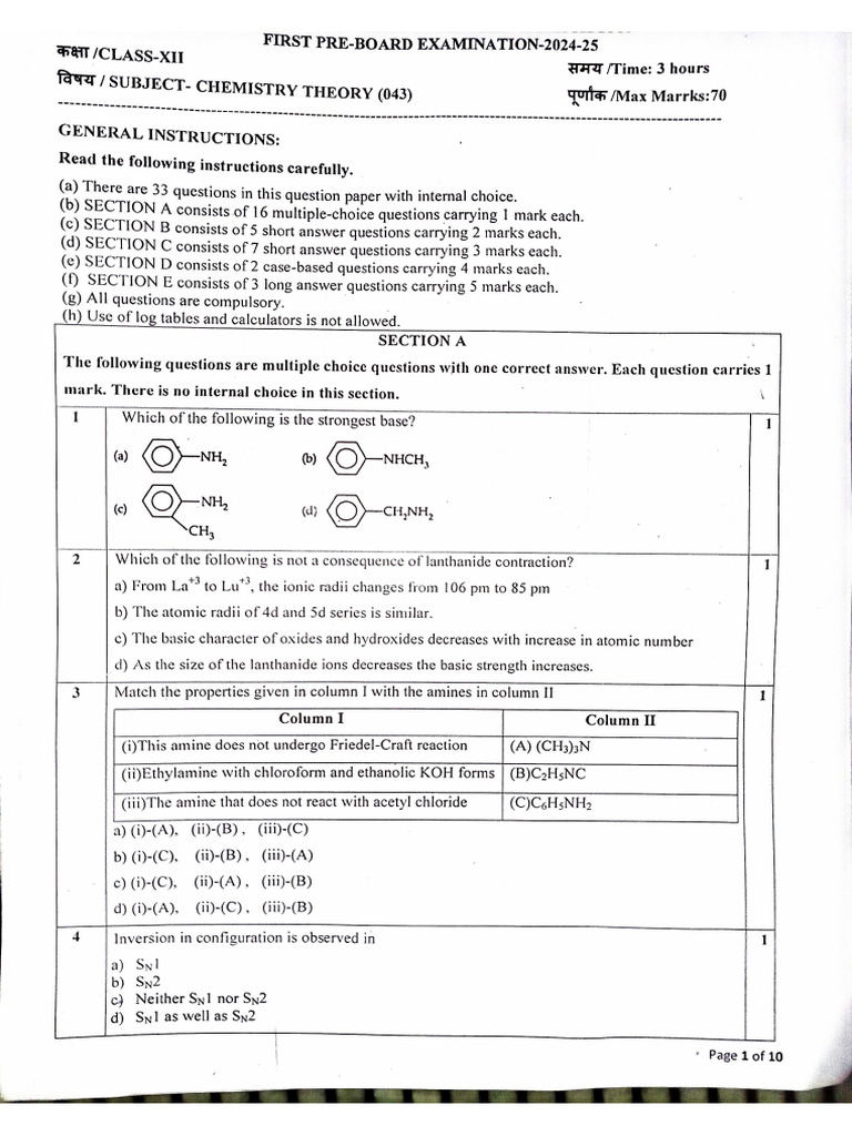 Chemistry 1st Pre Board Paper | PDF