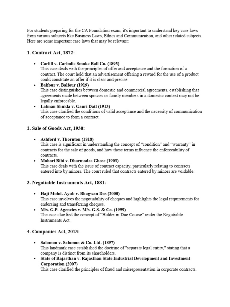 CA Foundation Law Case Summaries | PDF | Partnership | Negotiable ...