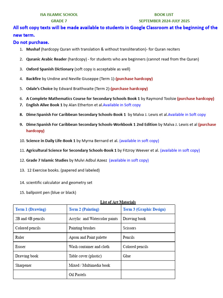 Book List - Grade 7 2024-2025 | PDF