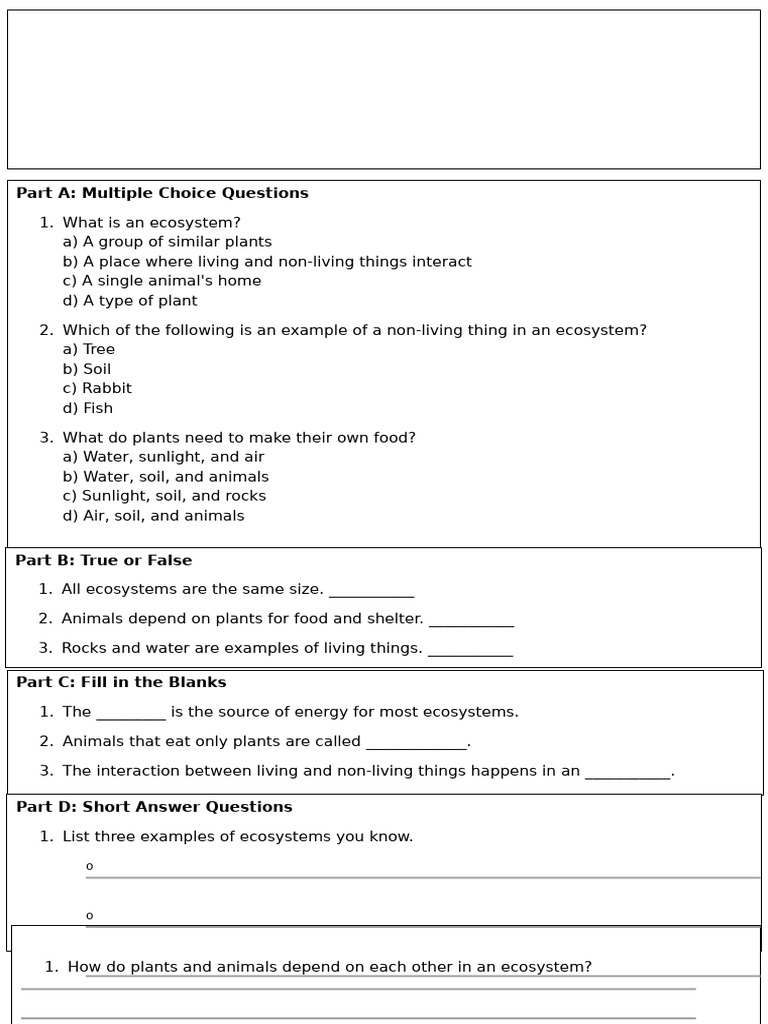 Class 4 Work Sheet Chapter 2 Ecosystem Work Sheet | PDF