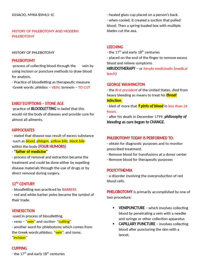 History of Phlebotomy Reviewer Lesson 1 | PDF | Medicine | Health Care