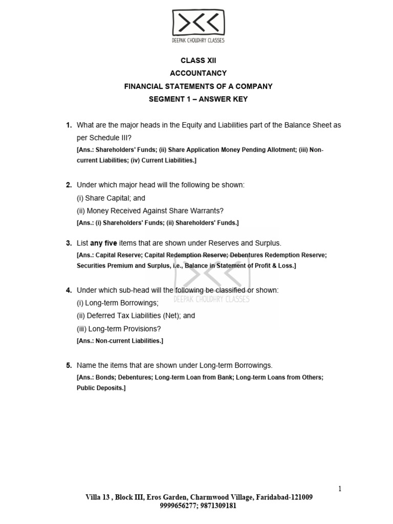 Class XII Accountancy Answer Key | PDF | Balance Sheet | Equity (Finance)