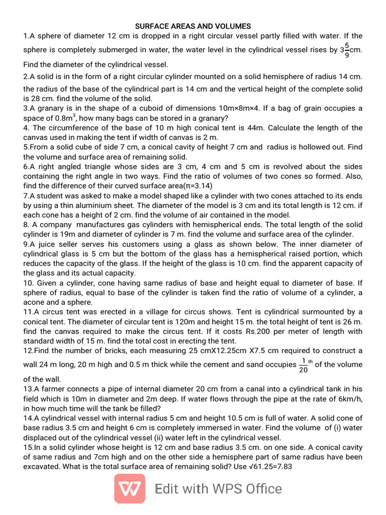 Surface Areas and Volumes Problems | PDF | Sphere | Volume