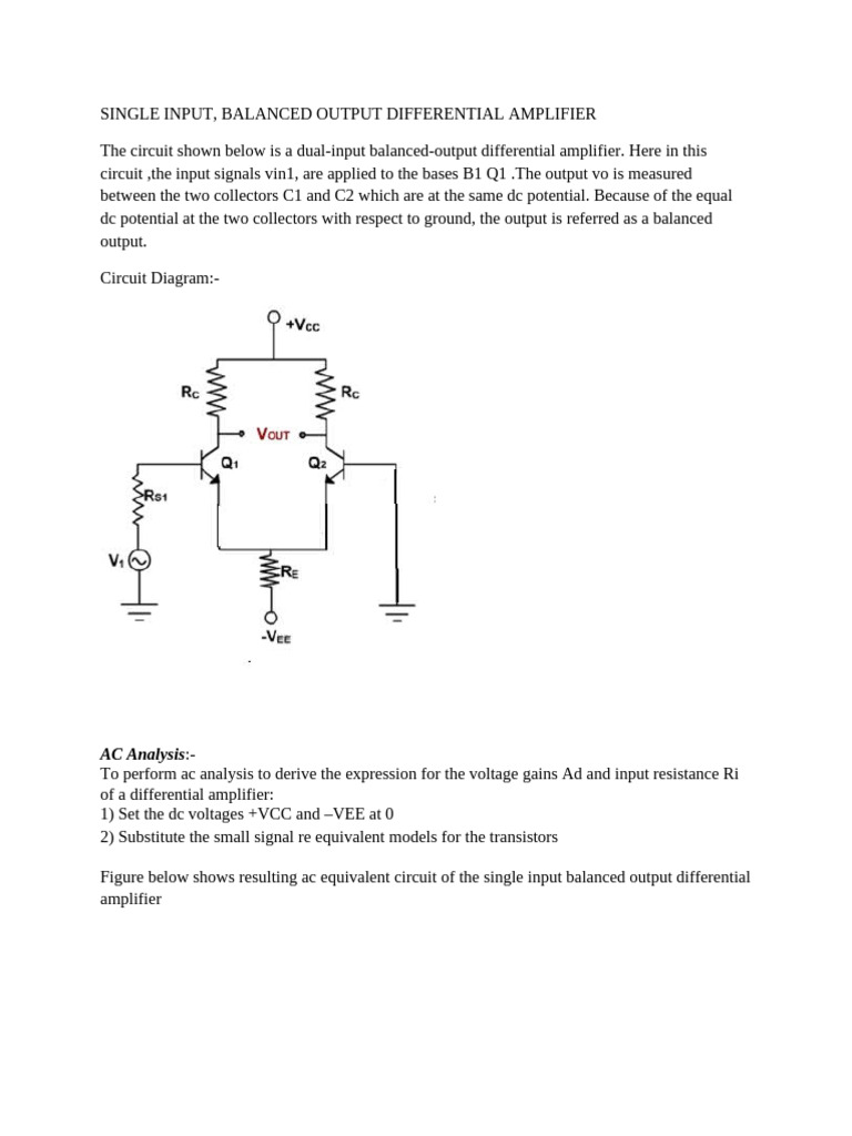 Single Input Balanced Output Differential Amplifier Ac Analysis | PDF | Amplifier | Electrical ...