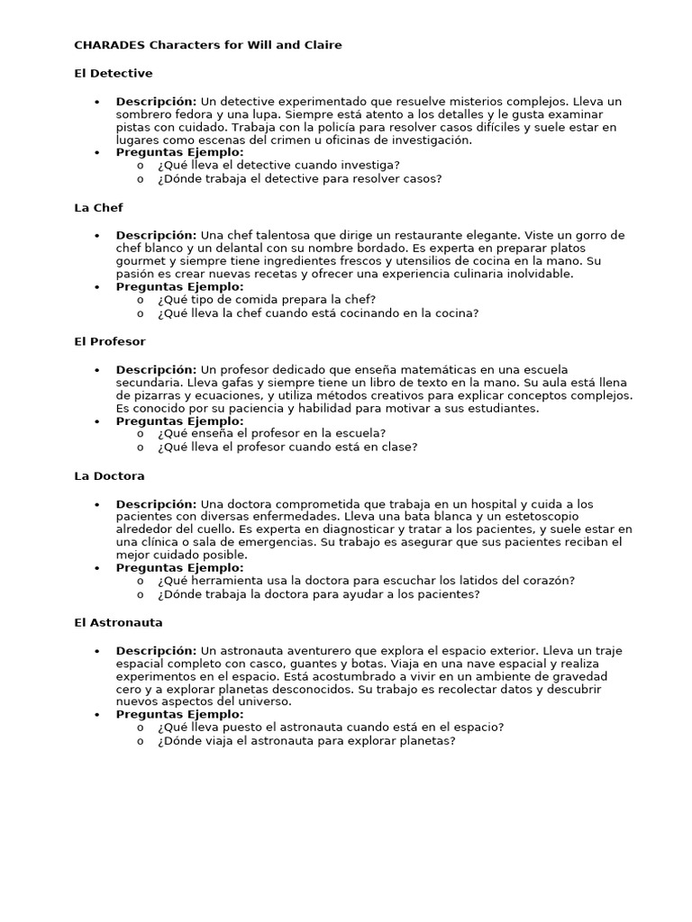 CHARADES Characters for Will and Claire | PDF